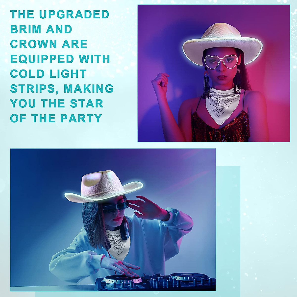 12 Pack Cowboy Hat with Bandanna Heart Sunglasses LED Cowboy Hat Bulk Flashing Cowboy Hat for Adult Party Costume(White)