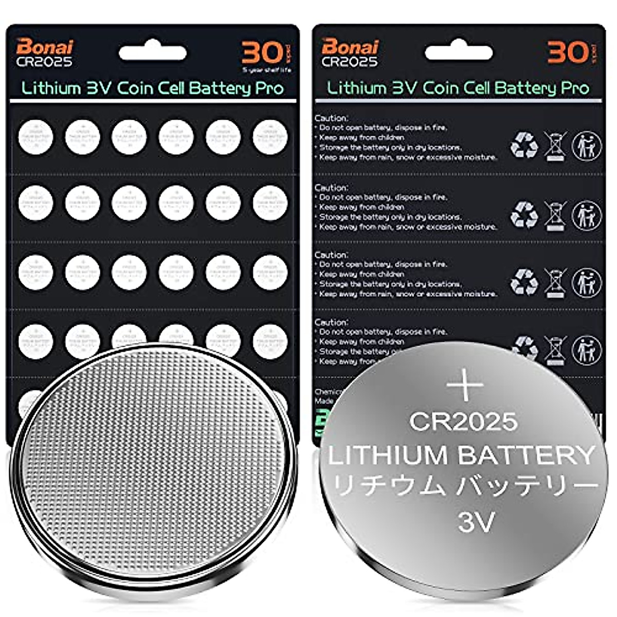 BONAI CR2025 3v Lithium Battery Coin Cell Batteries-30 Count, Premium Button Battery Long Lasting for Keyfob Key, Remotes Control, Watches (5-Year Shelf Life)