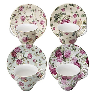 Gracie China Rose Chintz Porcelain 3-Ounce Small Petite Espresso/Demitasse Cup and Saucer with Gold Trim Set of 4