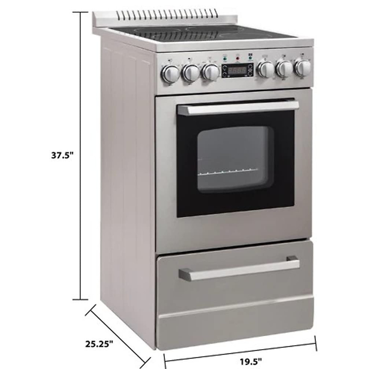 Avanti DER20P3S Electric Range Oven Elite Series Compact Design, 2-Cu.Ft. Capacity with 4 Coil Burners, Framed Glass Door, Storage Drawer and Broiler with Pan, 20-Inch, Stainless Steel