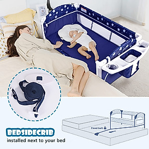 Heyo.Ja Baby Bassinet Bedside Crib, Portable Playard 4 in 1 Convertible Pack and Play with Mattress, Foldable Travel Crib for Girls Boys Infant Newborn (Navy)