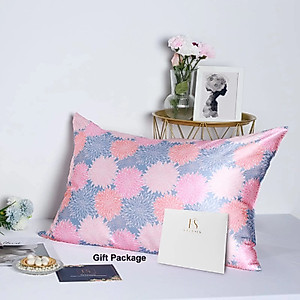 FELYSIK Pink Blue Floral Print Silk Pillowcase for Hair and Skin - Standard 20"x26", 22 Momme 100% Mulberry Silk Pillow Cases with Zipper