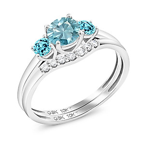 10K White Gold Blue Zircon and Swiss Blue Topaz and White Lab Grown Diamond 3-Stone Bridal Engagement Wedding Ring Set For Women (1.22 Cttw, Gemstone, Round 5MM, Available in Size 5,6,7,8,9)