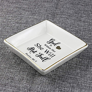 JoycuFF Religious Gifts for Women Inspirational Christian Jewelry Trinket Dish Birthday Gifts for Sister Daughter Mother Aunt Christians God Is Within Her She Will Not Fall