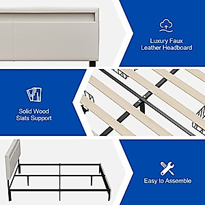 IKIFLY LED Bed Frame with 4 Storage Drawers, Upholstered Queen Size Storage Bed with Adjustable Headboard & LED Lights, Mattress Foundation, No Box Spring Needed, Easy Assembly - White/Queen