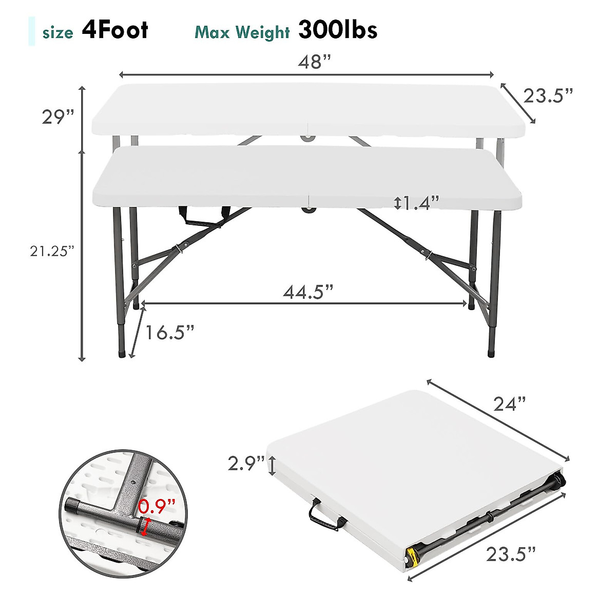 AJP Distributors 4 Foot Portable Plastic Folding Table 4FT 48" Half Foldable Heavy Duty Top w/Carry Handle - Indoor Outdoor Backyard Camping Picnic BBQ Party Wedding Dining Office Event Meeting White