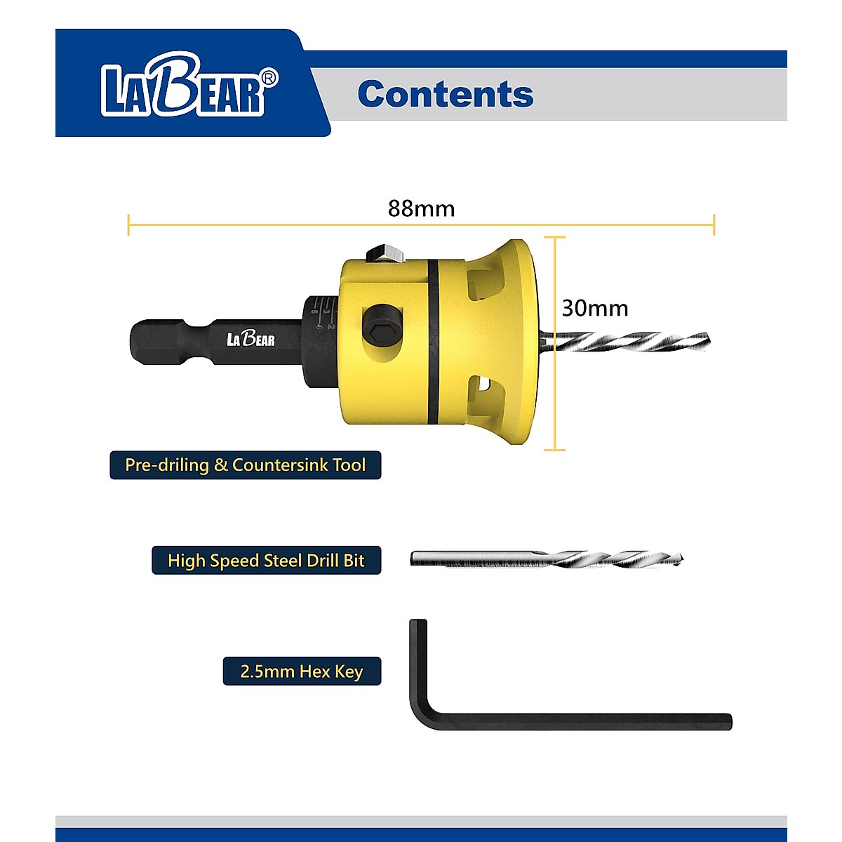 LaBear (#8) Countersink Drill bit Set, Countersink Drill bit, Countersink bit with Replaceable HSS Drill, 1/4" Hex Quick-Change Bits, Adjustable Low Friction Depth