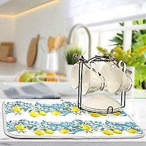 Tamniee Lemons Dish Drying Mat Yellow Blue Kitchen Dry Mats Decor Absorbent Baby Bottle Pad for Home Counter Drainer Countertops, 16x18in (g69531602p523c558s1113)
