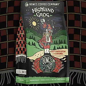 Bones Coffee Company Highland Grog Flavored Ground Coffee Beans Butterscotch Caramel Flavor | 12 oz Medium Roast Arabica Low Acid Coffee | Gourmet Coffee (Ground)