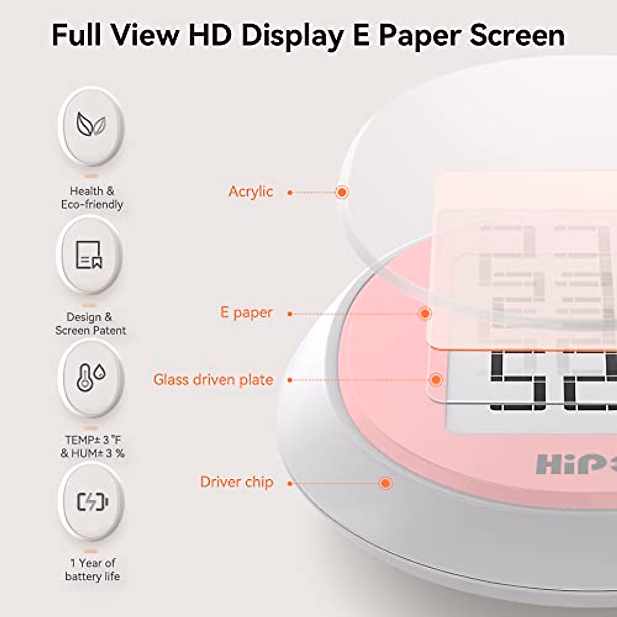 Hipoink Room Thermometer Hygrometer Indoor Humidity Meter and Temperature Monitor Gauge (HD E-Paper Screen) for Home, Baby Nursury Tiny Room House, Office Desk,No-Punch Magnetic Hanging(Pink)