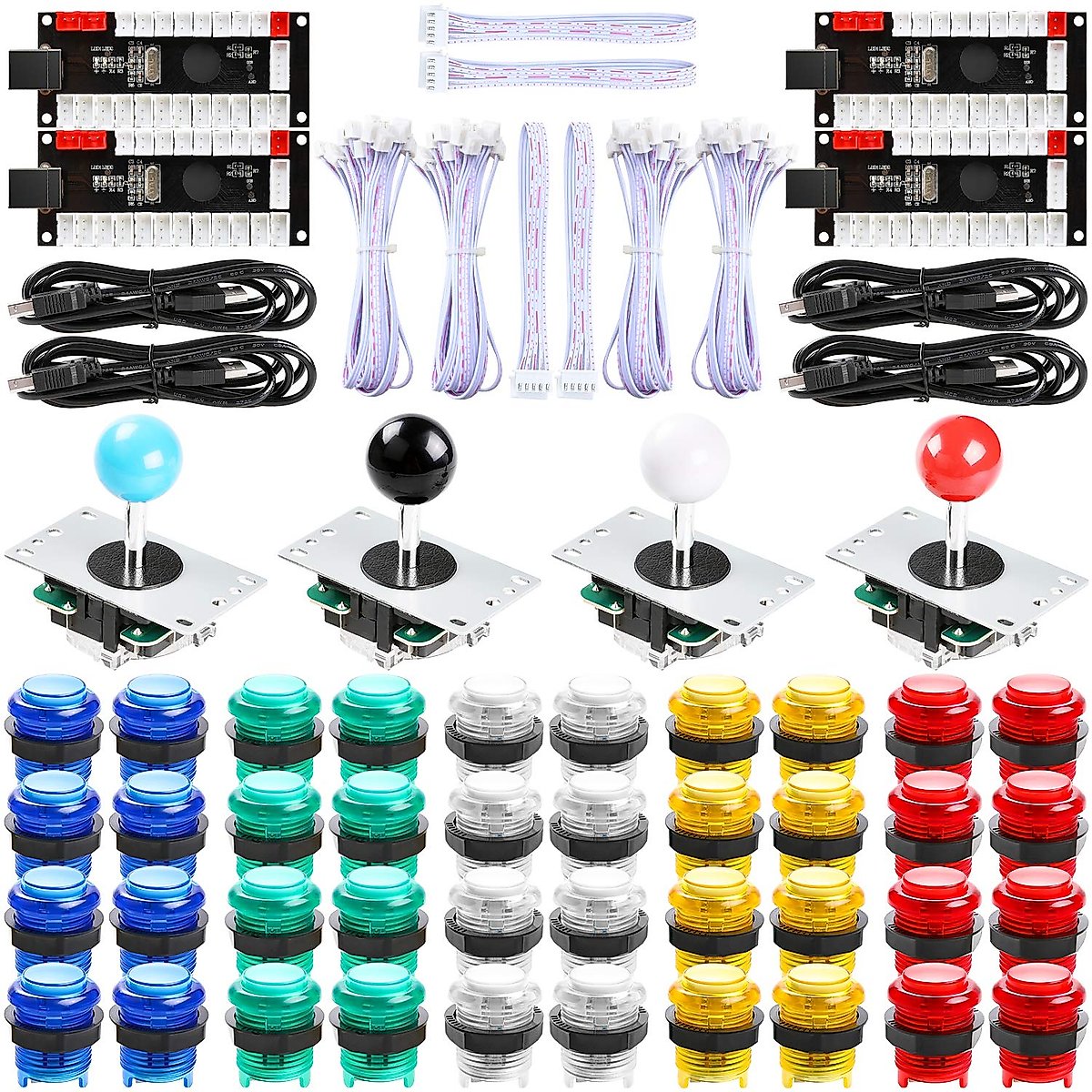 Easyget 4-Player LED DIY Arcade Kit - 4X Zero Delay LED USB Encoder + 4X Joystick + 40x LED Arcade Buttons for PC, Windows, MAME, Raspberry Pi (4P-LED-KIT, Mixed Color Kit)