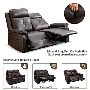 PALLOME Loveseat Recliner, PU Leather Reclining Sofa, 54'' Double Recliner Loveseat with Heat and Massage, RV Theater Seating, Manual Recliner Chair for Living Room (Brown)