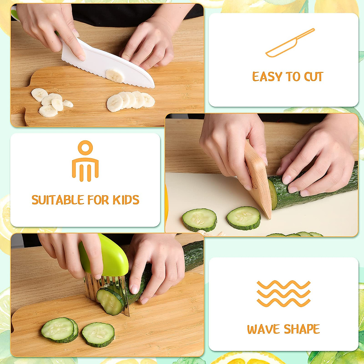 Zhehao 7 Pieces Kitchen Wooden Knife for Kids Include Wood Kids Knife Plastic Potato Slicers Cooking Knives Serrated Edges Toddler Knife Kids Plastic Knife Resistant Gloves for Children (Crocodile)