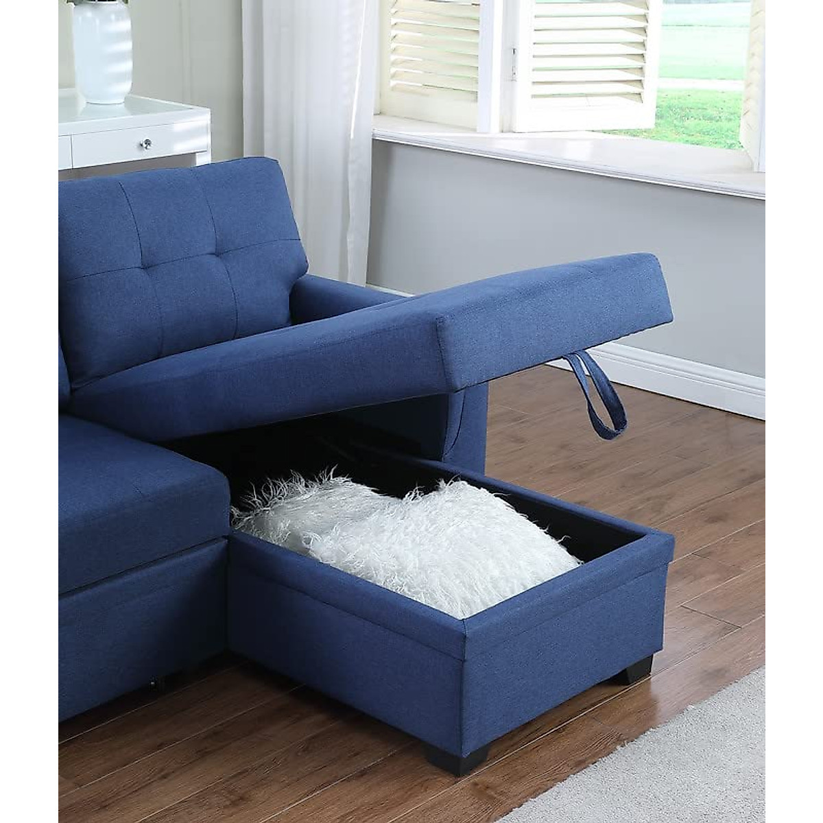 OPTOUGH L Shape Reversible Sectional Sofa Couch Pull Out Sleeper Bed with Storage Chaise for for Apartment, Living Room, Blue Linen