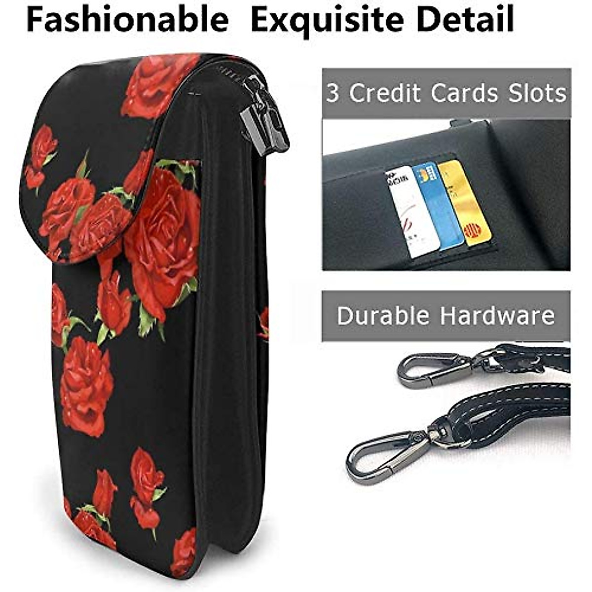 Red Rose Flower Black Women Soft PU Leather Cellphone Purse Wallet Handbag Small Crossbody Shoulder Bag