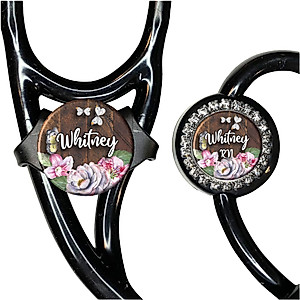 Personalized Stethoscope Name Tag for Littmann - Wood & Watercolor Floral Adjustable Steth Identification Label - You Choose Tag Style and Color, Custom Fonts, Design Size and Decorative Frame