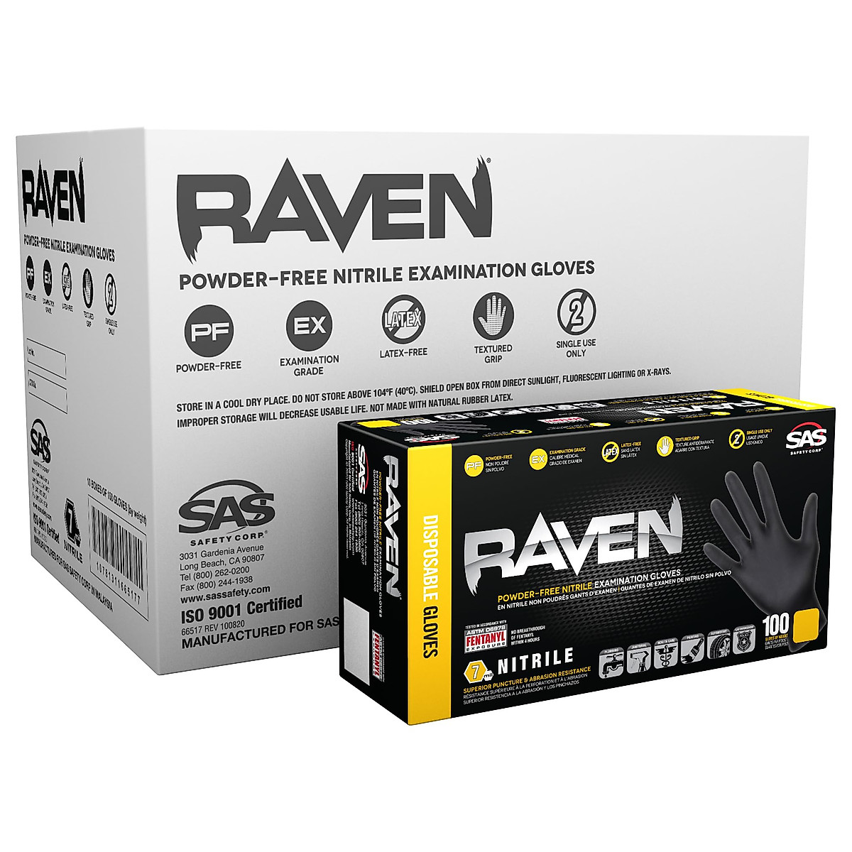 Raven 10 Pack SAS Safety 66517 6 mil Black Nitrile Disposable Gloves 7 Mil - Medium (100 Gloves per Box)