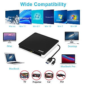 External CD DVD Drive, USB 3.0 DVD Drive External CD Burner for Laptoop with 2 USB and TF/SD Slots, Portable CD/DVD Reader Writer DVD Player for MacBook Mac PC Windows 11 Linux OS