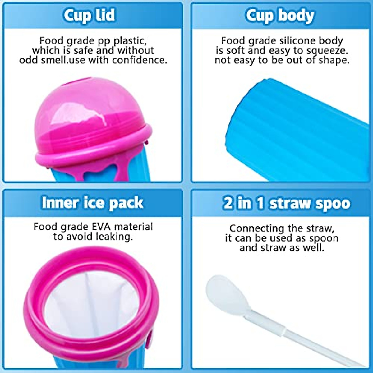 [Upgrad-500ml] Slushie Maker Cup, DIY Frozen Squeeze Magic Slushy Cup, Double Layers Silica High-capacity Smoothie Pinch Ice Cooling Cups, Homemade Milk Shake Ice Cream Cup Maker (Blue)