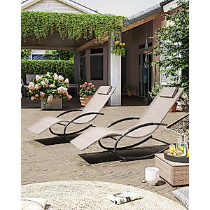 Crestlive Products Patio Rocking Chair Curved Rocker Chaise Lounge Chair with Pillow for Beach Yard Pool Outdoor Indoor, Gray Steel Frame (2 PCS Beige)