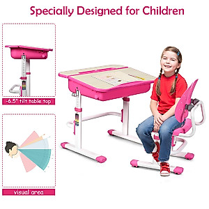 BABY JOY Kids Desk and Chair Set, Height Adjustable, Children's Study Table with Large Storage Space, Ergonomic Winged Backrest Chair, Student School Desk Set Great Gift for Ages 3 to 14 (Pink)