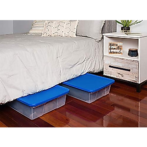 HOMZ Plastic Underbed Storage, with Lid, 28 Quart, Clear, Stackable, 8-Pack, Blue 3228CLBLDC.08