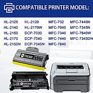 NUCALA Compatible TN360 TN-360 Toner & DR360 DR-360 Drum Replacement for Brother HL-2140 2150 2120 2125 2170 2170W MFC-7040 7340 7320 7345DN 7840 7440N 7840W Printer (2-Pack Black, 1Toner+1Drum)