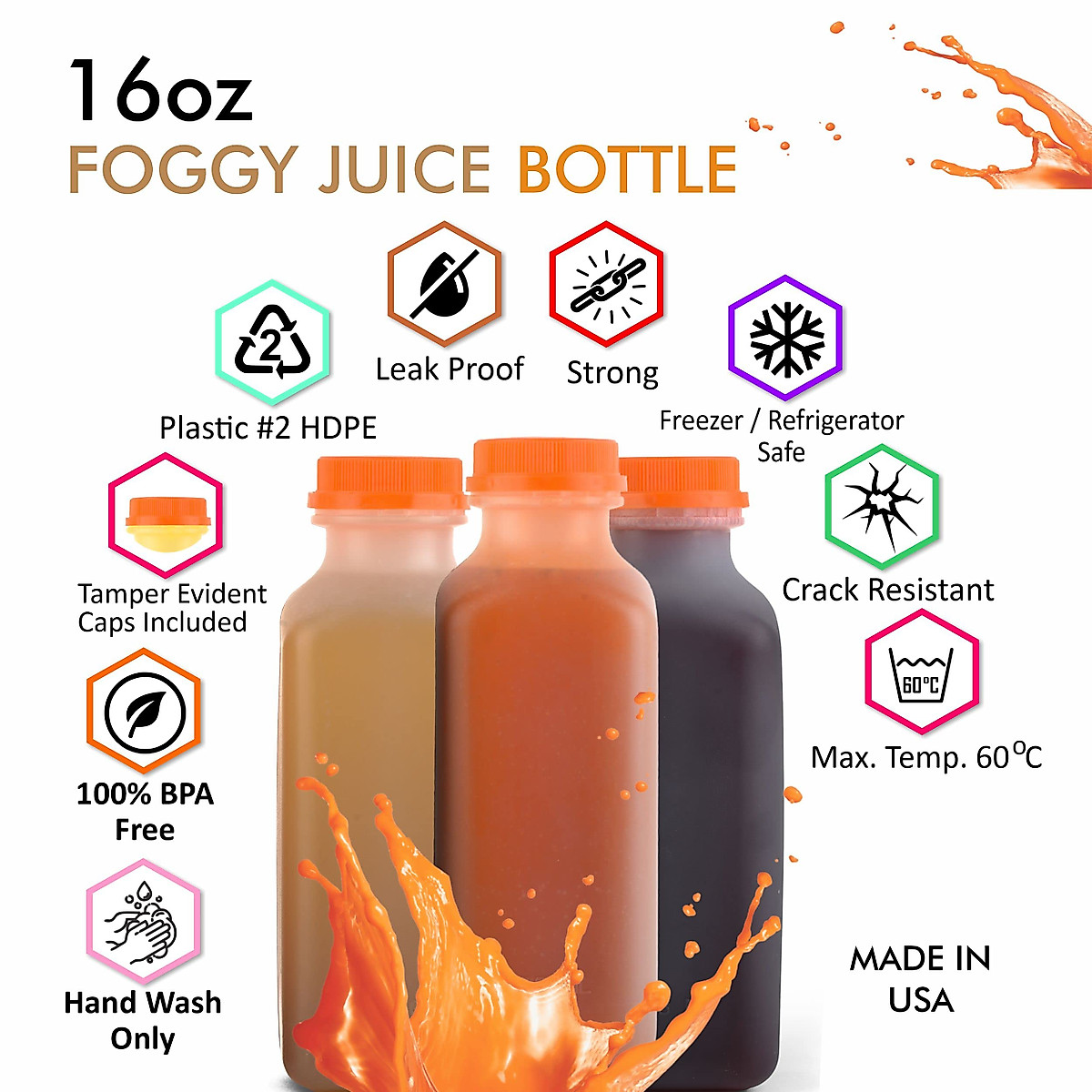 Empty Plastic Juice Bottles with Tamper Evident Caps 16 OZ - Smoothie Bottles - Ideal for Juices, Milk, Smoothies, Picnic's and even Meal Prep by EcoQuality Juice Containers (16 Ounce) (5)