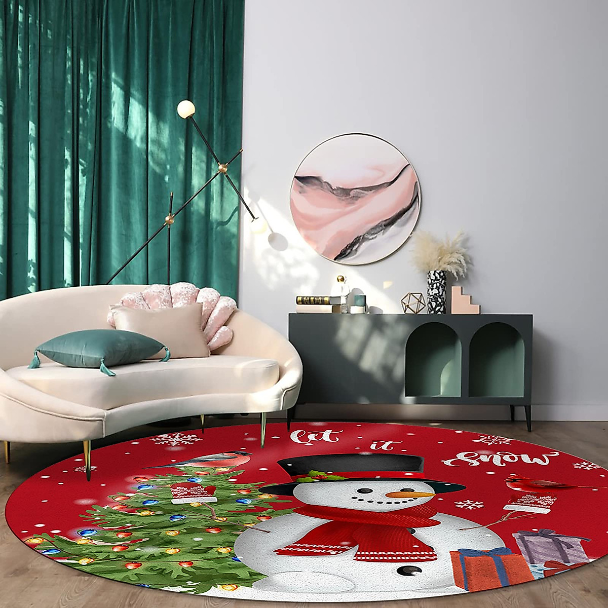 Christmas Snowman Area Rugs Cardinal Birds Red Round Rug 3ft Indoors/Living Dining/Bedroom Circle Rug Floor Mats Snowflake Xmas Tree Carpets Christmas Indoor Decorative Rug