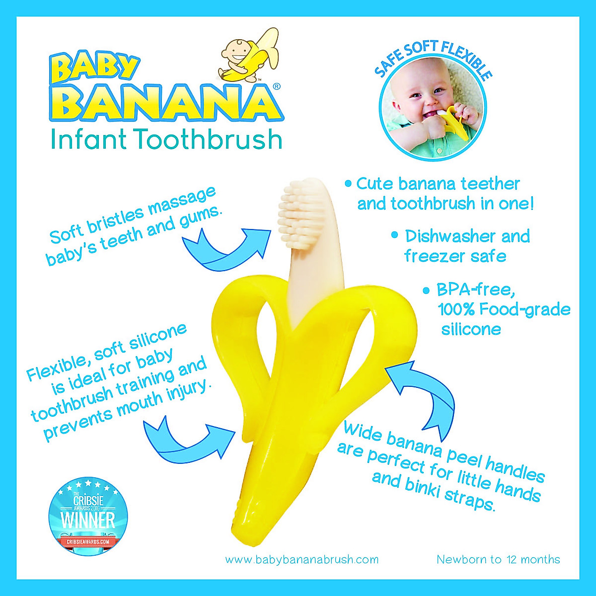 Baby Banana Yellow Banana Infant Toothbrush, Easy to Hold, Made in the USA, Train Infants Babies and Toddlers for Oral Hygiene, Teether Effect for Sore Gums, 4.33" x 0.39" x 7.87"