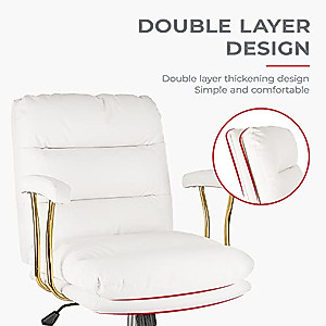 KLASIKA Ergonomic Office Desk Chair for Heavy People with Wheels and Arms, Faux Leather Computer Chair for Home Bedroom Office, White Chair Gold Caster
