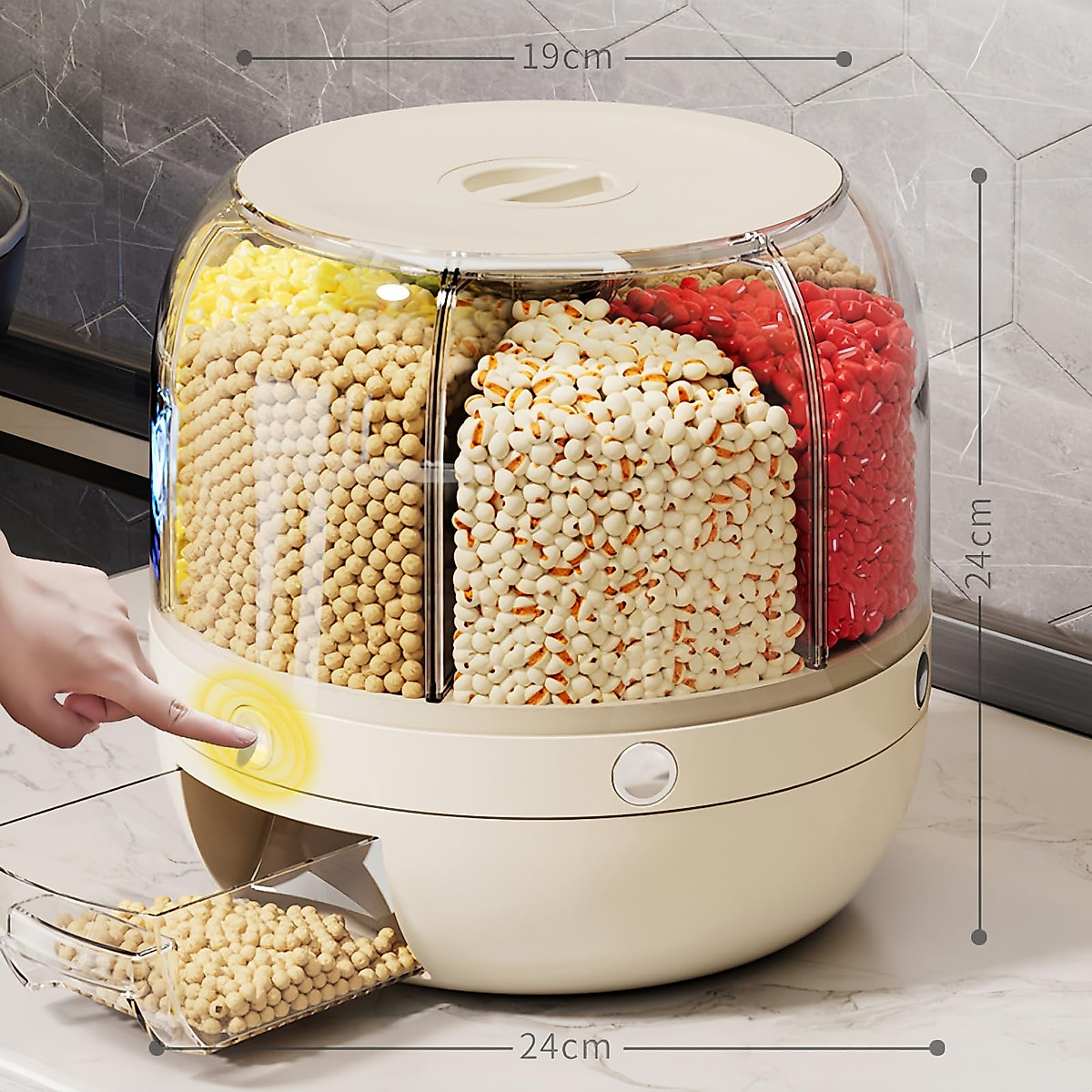 ECLIPSBACI Grain Storage Container Dispenser, rice dispenser rotating, 360° rotating food dispenser One-Click Output rice Storage Round Grain Dispenser Kitchen for Small Grains, Beans, Rice (B)