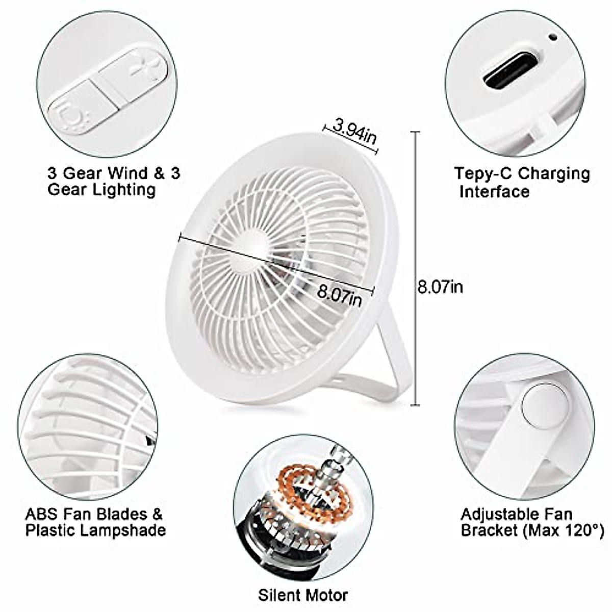 Depuley Portable Table Fan and LED Light, 8" Battery Operated Personal Desk Fan for Hanging or Tabletop Use, 4000mAH Outdoor Small Rechargeable Quiet Camping USB Fans with 3 Speeds for Tent, Office