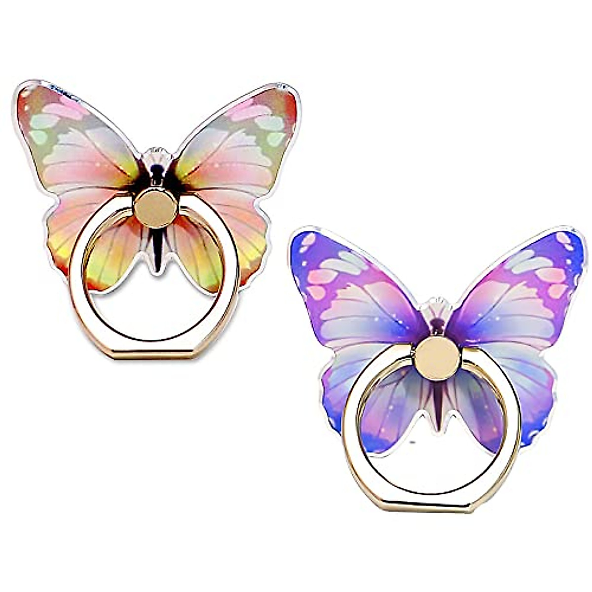 2 Pcs Butterfly Cell Phone Ring Holder Finger Ring Grip Stand 360° Rotation Cute Butterfly Pattern Painted Metal Finger Stand Kickstand Compatible with Smartphone Tablet E-Reader Etc