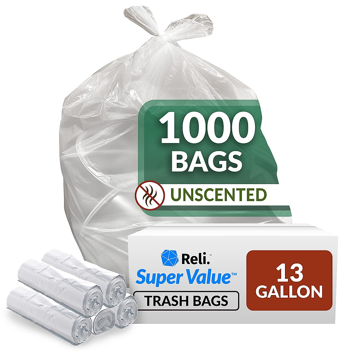 Reli. SuperValue Trash Bags 13 Gallon | 1000 Count | Tall Kitchen Garbage Bags Bulk - Clear | 13 Gallon Clear Trash Bags / Trash Can Liners for Garbage | Made for 12 Gal, 13 Gal, 16 Gal - Unscented