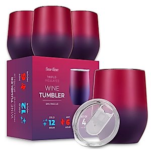 FineDine Triple Insulated Wine Tumbler With Lid (4 Pack) 12oz Stainless Steel Set- Tumblers Keep Drinks Hot & Cold for Outdoors, Beach, Picnics- Unbreakable Glasses With BPA Free Lids (Purple Print)
