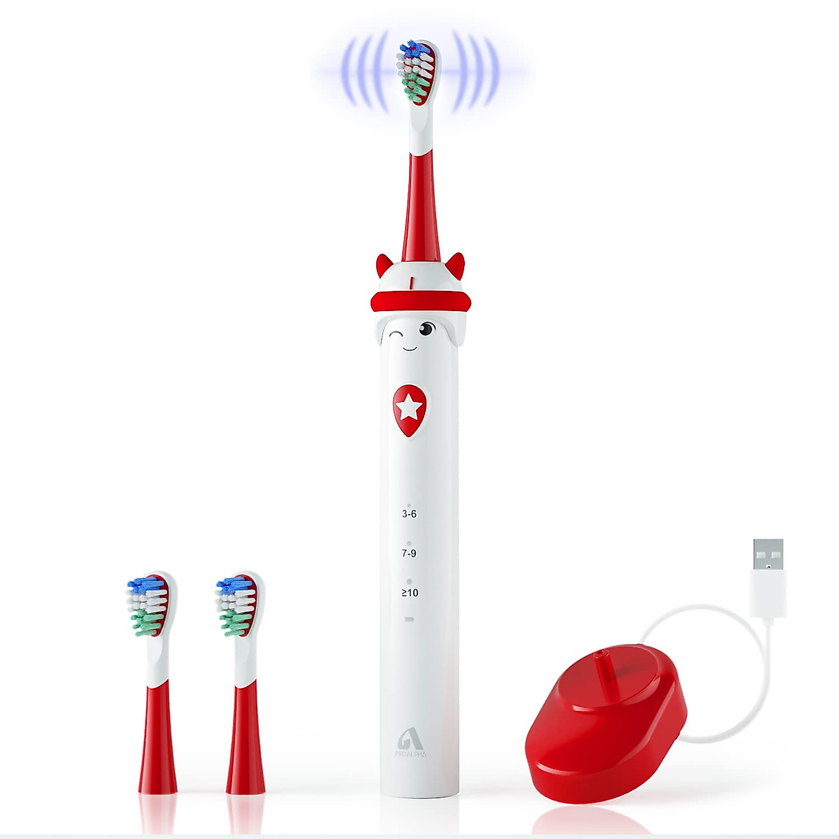 JTF Kids Electric Toothbrush-for Ages 3-12, Rechargeable Electric Toothbrushes, Wireless Fast Charge & Long Battery Lasting for 60 Days,with Smart Timer 3 Modes & 2 Kids Size Brush Heads, Red…