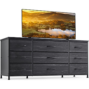 EnHomee Dresser, Dresser for Bedroom with 9 Drawers, Wide Dresser TV Stand for 55” TV Stand for Bedroom Dresser Long Dressers & Chests of Drawers, Metal Frame&Wood Top, Closet, Hallway, Charcoal Black