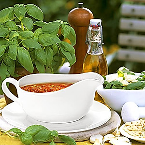 Yesland 15 oz Gravy Boat and Tray, Ceramic White Gravy Sauce Boat with Saucer Stand for Dining, Holiday Meals & Parties