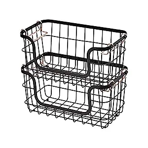 Amazon Basics Stackable Metal Wire Storage Basket Set for Kitchen or Bathroom - Black/Rose Gold