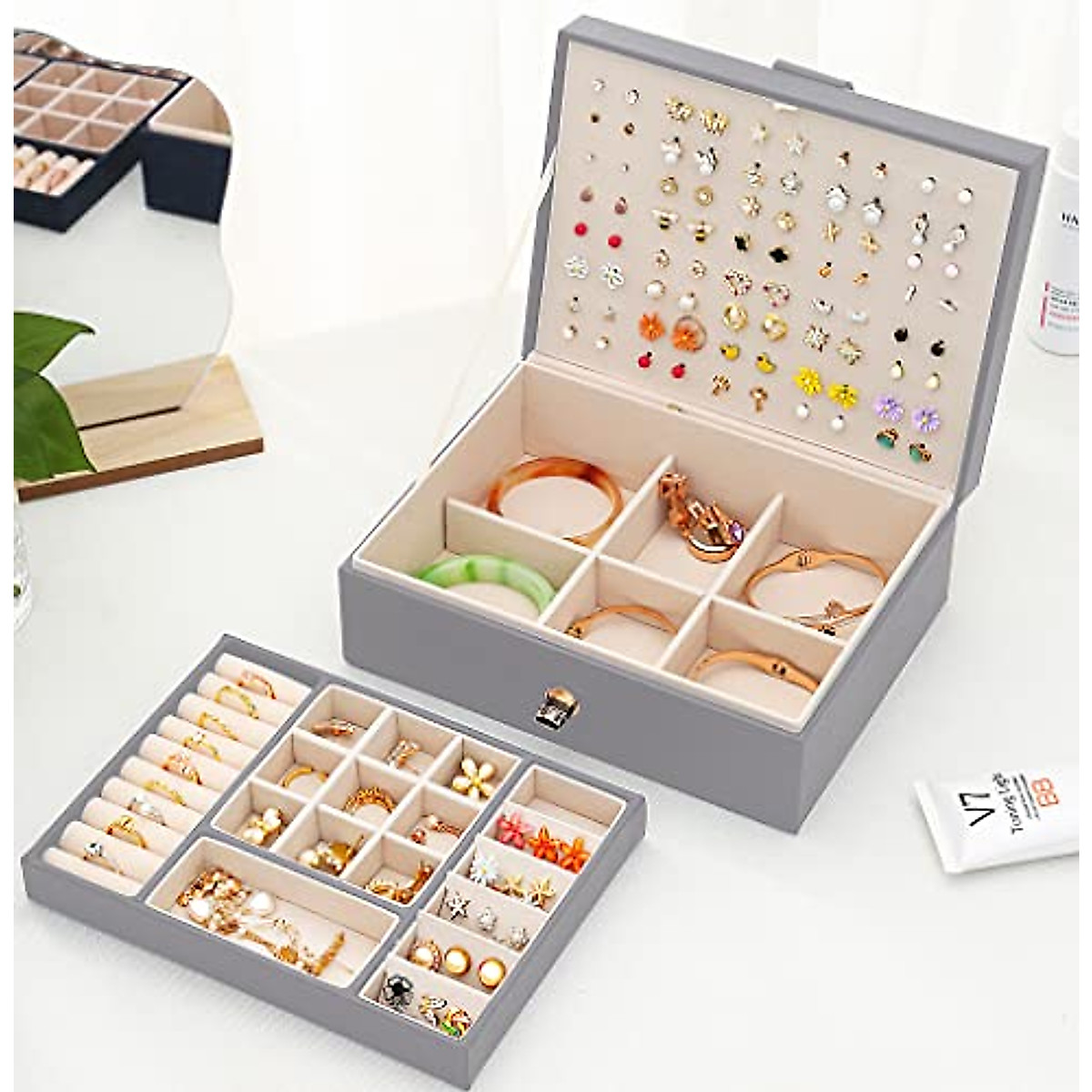 QBestry Stud Earring Organizer for Women Girls Gray Jewelry Box for Earrings Necklace Jewelry Organizer,Girls Earring Box for Womens Necklace Holder Rings Organizer Bracelet Earring Storage Case,Grey