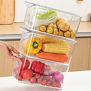 Kingrol 2 Pack Stackable Food Storage Containers, Kitchen Produce Saver Containers, Plastic Refrigerator Organizer Bins with Lid and Removable Drain Tray - Keep Produce, Fruits, Vegetables, Meat Fresh