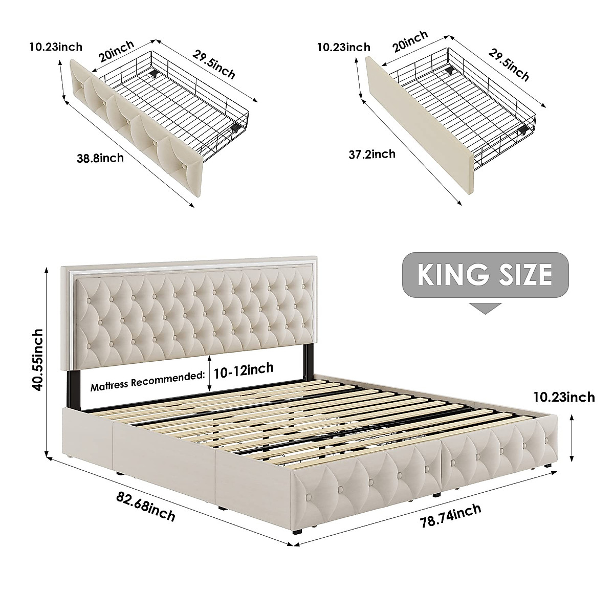 Keyluv King Upholstered LED Bed Frame with 4 Drawers, Velvet Platform Storage Bed with Adjustable Button Tufted Headboard and Solid Wooden Slats Support, No Box Spring Needed, Beige
