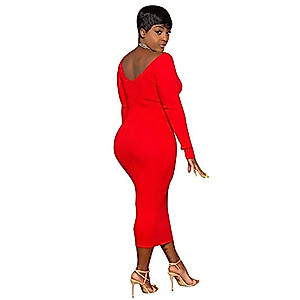 Cinyifaan Womens Deep V Neck Knit Sweater Long Sleeve Bodycon Midi Pencil Dress