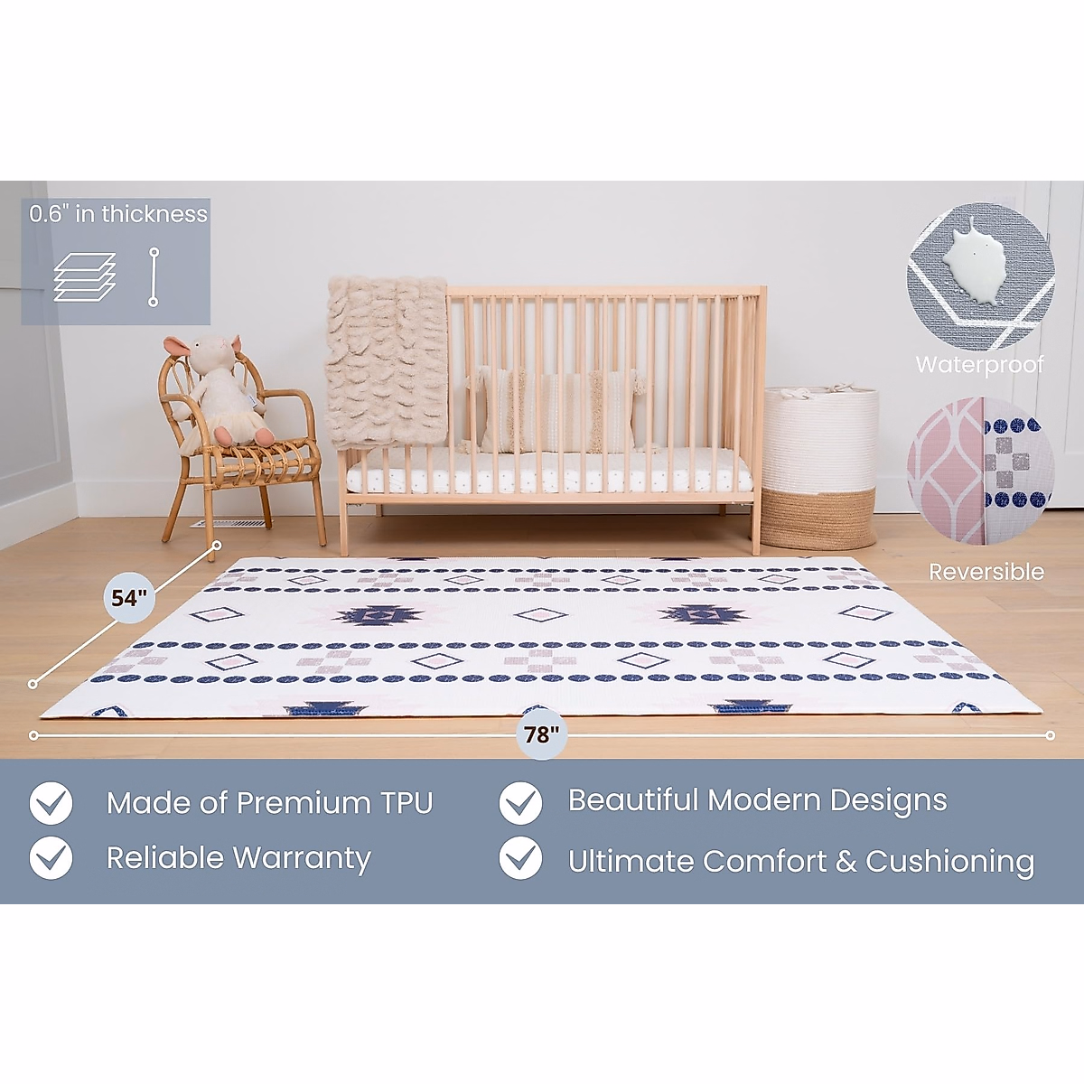 ThriveFully Kids Baby Play Mat for Floor | Toddler Tummy Time Crawling Mat | Soft Non-Toxic Foam Playmat | Non-Slip Waterproof Reversible Easy to Clean (Lotus/Desert Pink - 78" x 54")