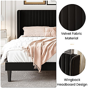 SHA CERLIN Queen Size Velvet Bed Frame with Vertical Channel Tufted Wingback Headboard, Upholstered Platform Bed with Wood Slats, No Box Spring Needed, Easy Assembly, Black