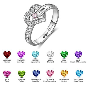 Personalized Birthstone Rings Silver Heart Custom Engraved Name Ring Wedding Family Christmas Mother Days Birthday Anniversary Jewelry for Women Grandma Her Daughter (1 stone)