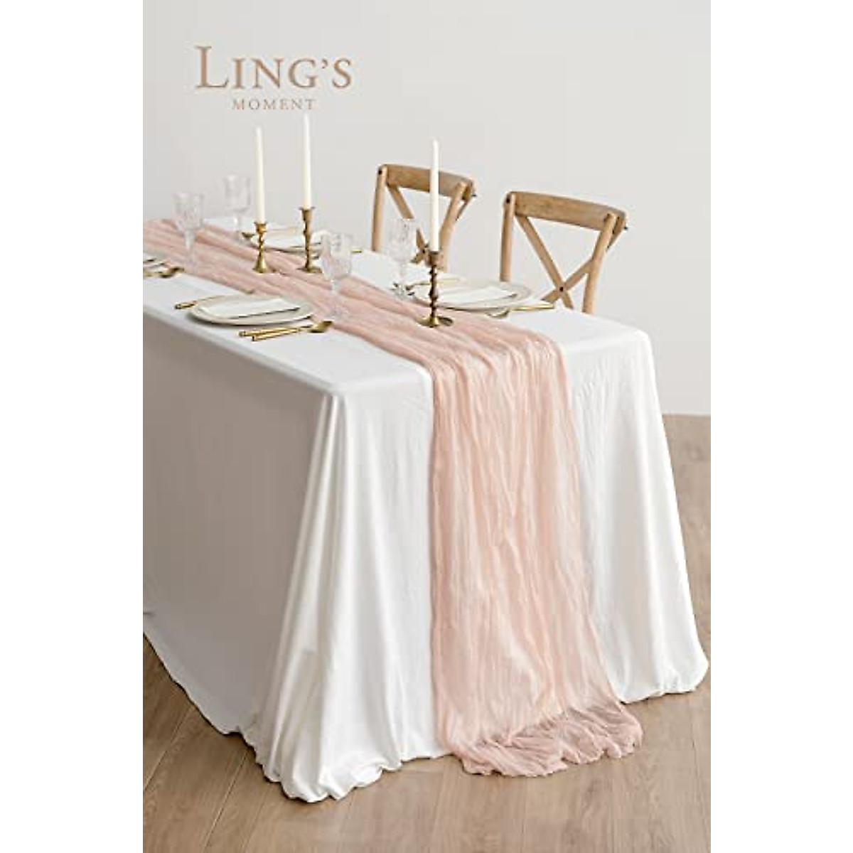 Ling's Moment 10Ft x 35" Wide Blush Gauze Semi-Sheer Table Runner Cheesecloth Tablecloth for Wedding Party Bridal Shower Boho Table Decor