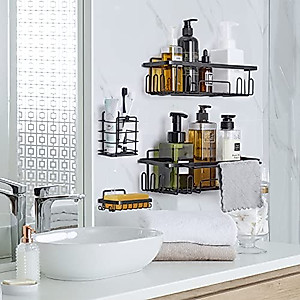 Bivvclaz 4 Pack Shower Caddy, Shower Shelves with Soap Dish and Toothbrush Holder, Adhesive Shower Organizer No Drilling, Rustproof Bathroom Shower Organizer, Shower Shelf for Inside Shower, Black