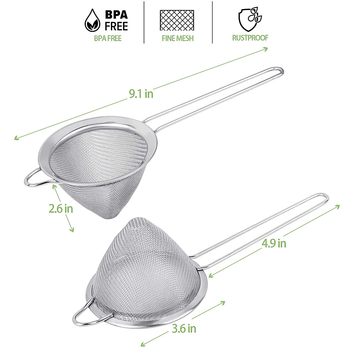 2 Pack Stainless Steel 18/8 Small Food Strainer, Fine Mesh Sieve with Long Handle, Cocktail Strainer For Cocktails, Tea Herbs, Coffee & Drinks, Rust Proof & Great as Tea Strainer, 3.5inch